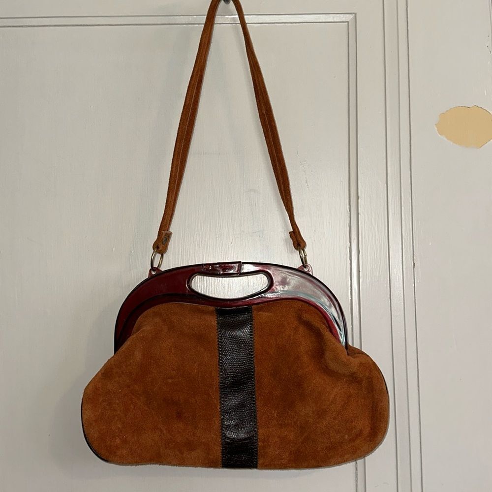 Vintage 70s Ambassador brown suede‎ leather shoulder … - Gem